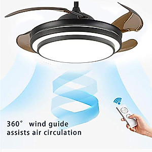 DYRABREST 42" Modern LED Invisible Ceiling Fan Lights and Remote 4 Retractable Brown Blades Chandelier Fan Lighting for Home Indoor Bedroom Diningroom Livingroom (Black)
