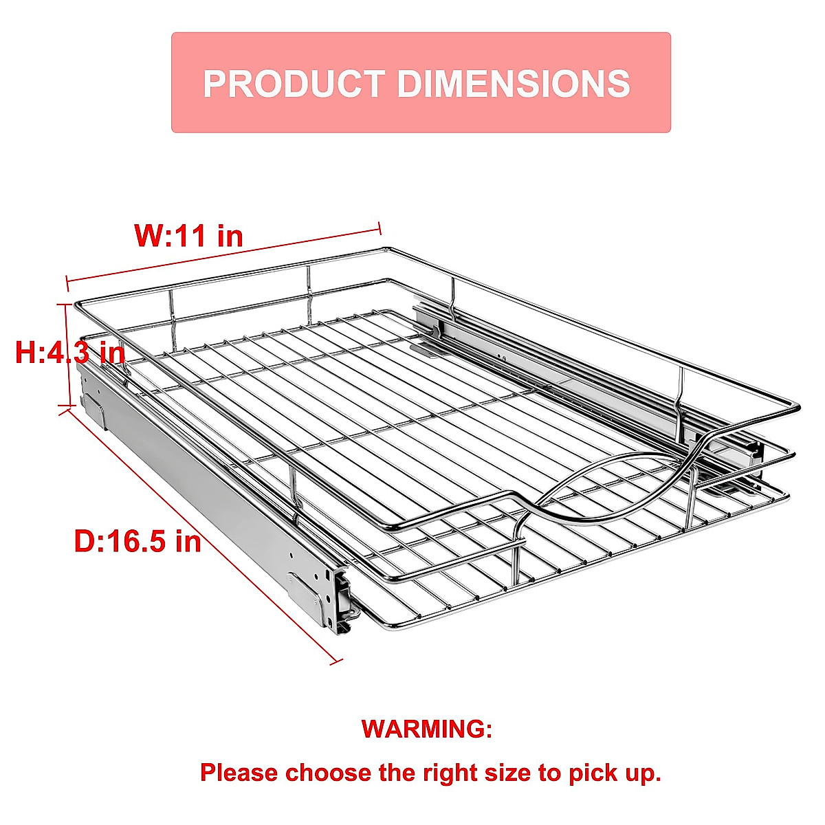 Sikarou Pull Out Cabinet Organizer 11" W x 16.5" D, Heavy Duty Kitchen Cabinet Pull Out Shelves, Slide Out Wire Basket for Kitchen Cabinets, Bathroom, Pantry, Chrome Finish…