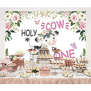 Ticuenicoa 5x3ft Holy Cow I'm One 1st Birthday Backdrop for Girls Baby Shower Photography Background Pink and Gold Floral Animals Bday Backdrops for Party Newborn Kids Supplies Photobooth Props…