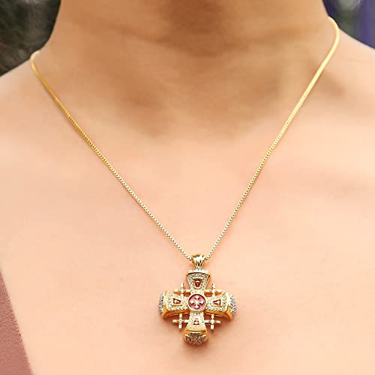 Nazareth Store Crusaders Jerusalem Cross Pendant Necklace Gold Plating 18k Enamel Crystallized Stones 1.3" (Red)