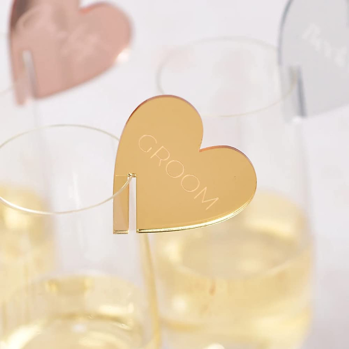 XIAOYUE 20pcs of Blank Wedding Drink Charm,DIY Heart Place Names Wedding Favours,Hearts Acrylic Drink Markers (Rose Gold Mirror)