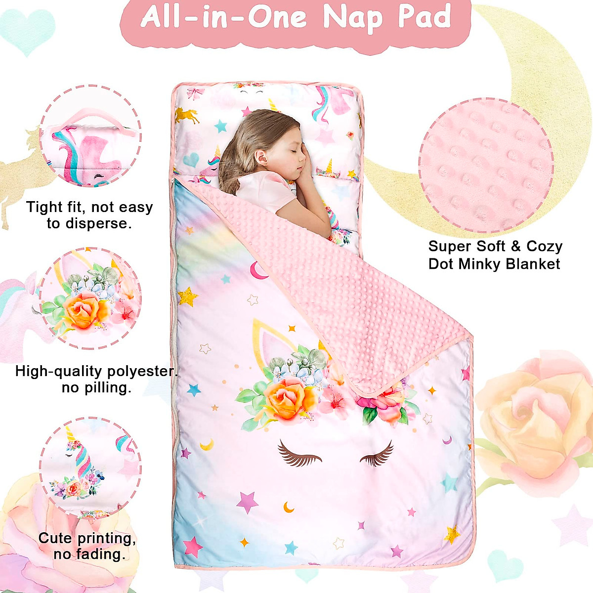 Toddler Nap Mat with Removable Pillow and Soft Dot Minky Blanket Pea Pod Kids Unicorn Napping Mats, Extra Large Rolled Slumber Bags for Girls Preschool, Daycare, Camping, 22 x 54inches Ages 3-7 Years