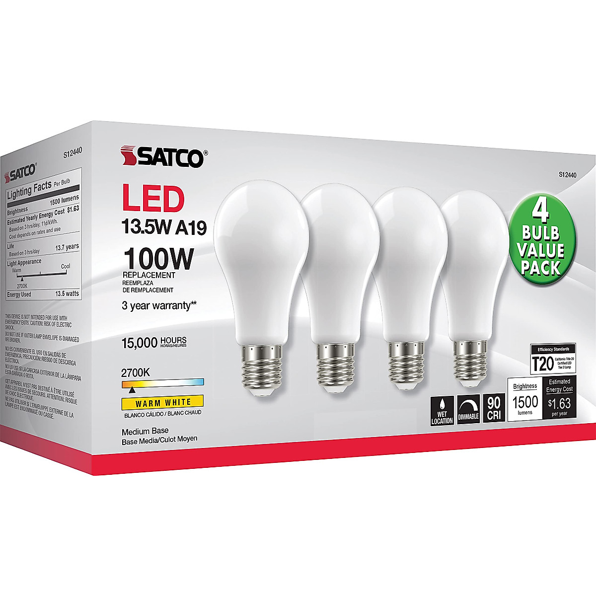 Satco S12440 A19 LED 4-Bulb Value Pack, 100W Replacement, 2700K, White
