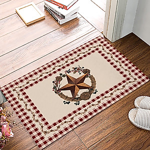 Rustic Western Texas Star on Red Buffalo Check Plaids Vintage Farmhouse Country, Bathroom Shower Mat Doormat Non Slip,Floor Rug Absorbent Carpets Floor Mat Home Decor for Kitchen Bedroom Rug,16"X 24"