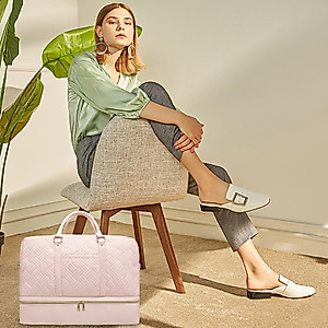 Weekender Bag for Women,Travel Duffel Bag with Shoe Compartment Carry on Overnight Bag with Toiletry Bag Gym Duffel Bag Hospital Bags for Labor and Delivery (3Pcs Set-Pink）