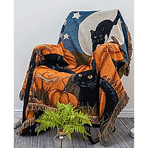 CUEERBOT Throw Blanket for Couch，Indie Room Decor Black Cat and Halloween Pumpkin Cotton Blanket (Orange, Large 63X87 Inches)