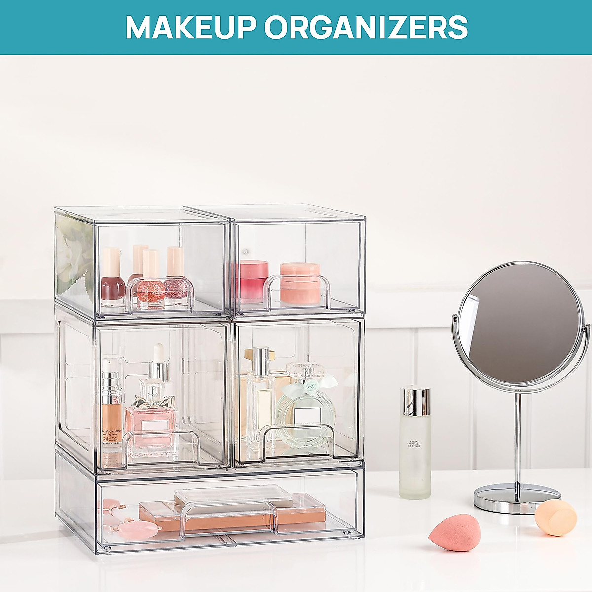 Vtopmart 4 Pack Stackable Makeup Organizer Storage Drawers, 6.6’‘ Tall Acrylic Bathroom Organizers，Clear Plastic Storage Bins For Vanity, Undersink, Kitchen Cabinets, Pantry Organization and Storage