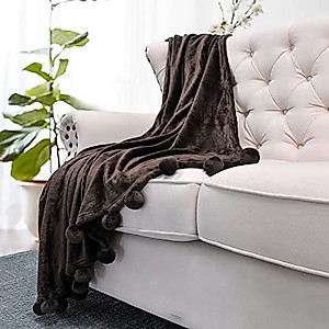 Home Soft Things Pompom Bed Couch Throw Blanket, 50'' x 60'', Chocolate, Fuzzy Soft Comfy Warm Decorative Throw Blanket for Living Room Bedroom Suitable for All Seasons