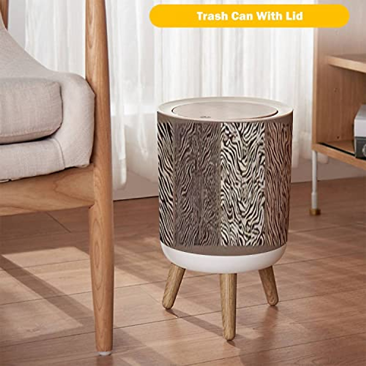 Small Trash Can with Lid Trendy Abstract Wavy Backgrounds Seamless Striped Patterns Diagonal Wood Legs Press Cover Garbage Bin Round Waste Bin Wastebasket for Kitchen Bathroom Office 7L/1.8 Gallon