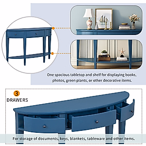 Modern Curved Console Table Sofa Table with 3 Drawers and Bottom Shelf, Wood Buffet Sideboard Accent Storage Cabinet for Hallway Entryway Living Room (Navy Blue 006)