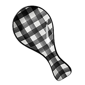 YLF Collections Buffalo Plaid Spoon Rest & Spoon Set, Large Black & White Spoon Rest with Bamboo Spoon, 10.25x4.9x1