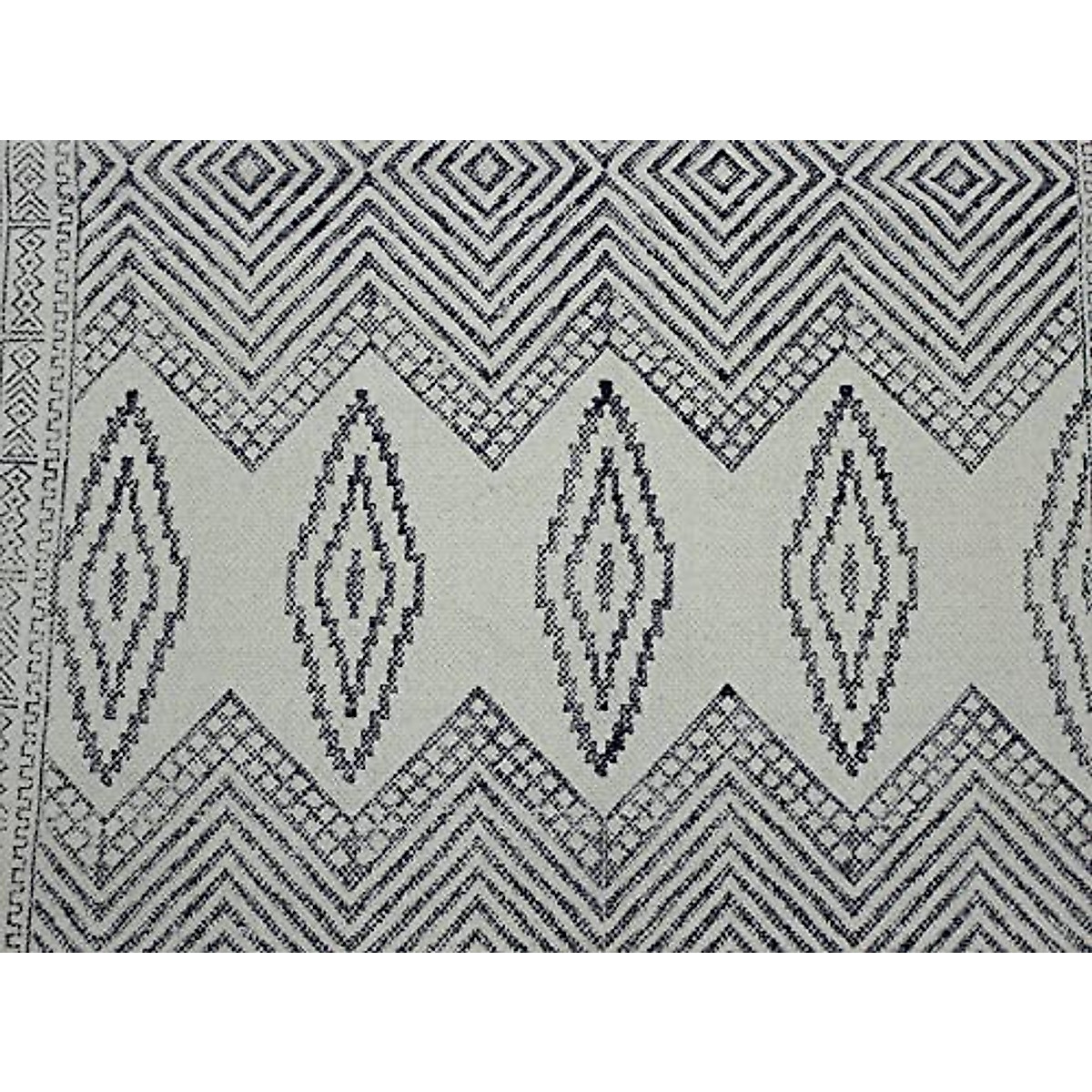 Casavani Hand Block Printed Cotton Dhurrie Geometric Gray & Beige Tassel Rug Easy Care Washable Rugs for Doormat Entryway Living Room Bedroom Hallway Balcony 2.6x10 Feet Runner