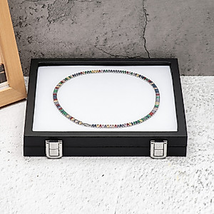 Giftop Jewelry Display Case Tempered Glass Top Lid Black Leatherette,Gemstone Display Case Jewelry Storage Box with Metal Clasp (Large)