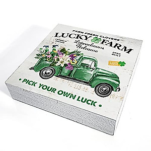 Lucky Farm Shamrock Wood Box Sign Decor Rustic Green Pickup St. Patrick's Day Wooden Box Sign Block Plaque for Wall Tabletop Desk Home Decoration