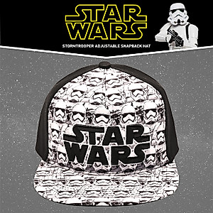 Disney mens Star Wars Embroidered Logo and Stormtrooper All Over Adjustable Snapback Baseball Hat with Flat Brim Black White One Size, Black, One Size US