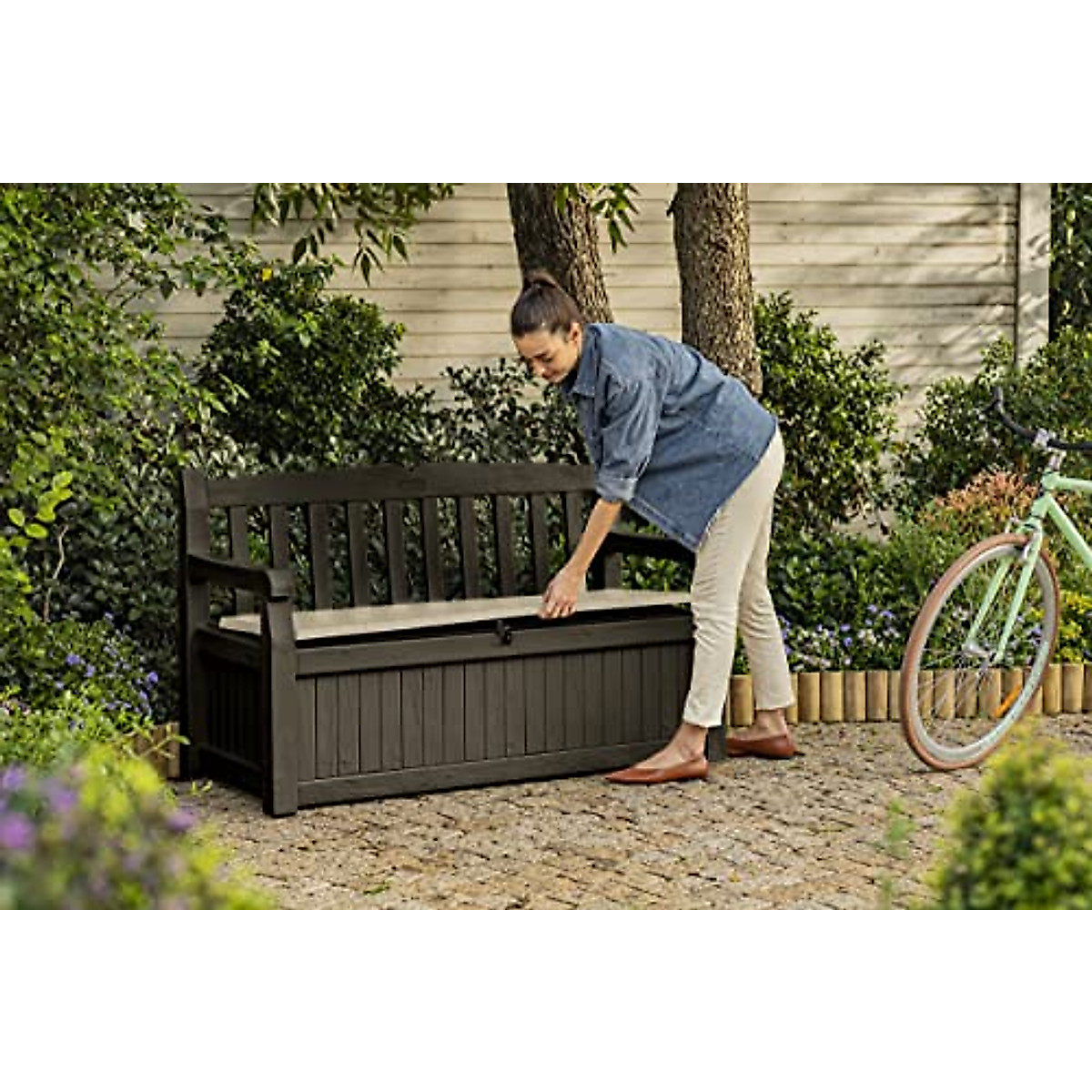 Keter Eden 70 Gallon Storage Bench Deck Box for Patio Furniture, Front Porch Decor and Outdoor Seating – Perfect to Store Garden Tools and Pool Toys,Brown / Brown