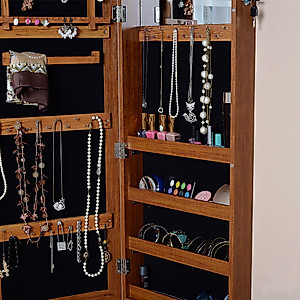 Brefhome Jewelry Armoir, Brown Wood Full Length Mirror Jewelry Cabinet with Storage, Necklace Organizer, Hanging Jewelry Holder Organizer Box