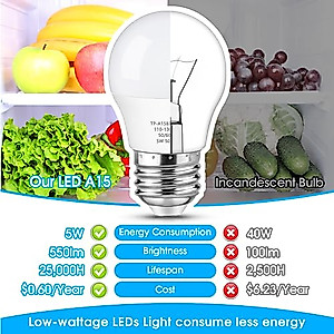 Maylaywood LED Refrigerator Light Bulbs, 40 Watt Equivalent A15 Fridge Bulb Waterproof, Daylight White 5000K, 550LM, E26 Base, Non-Dimmable, 5W LED Appliance Bulb for Frigidaire Home Lighting, 2-Pack