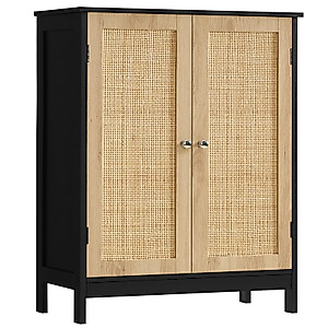 Iwell Storage Cabinet with Rattan Doors, Bathroom Storage Cabinet with Adjustable Shelf, Floor Cabinet for Living Room, Entryway, Kitchen, Home Office, Black