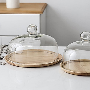 KVMORZE Cake Stand with Glass Dome, 2-in-1 Acacia Wood Cheese Cupcake Serving Platter, Covered Platter, 7.8" Cake Fruit Display Server Tray for Kitchen, Birthday, Wedding, Event, Pies, Appetizer