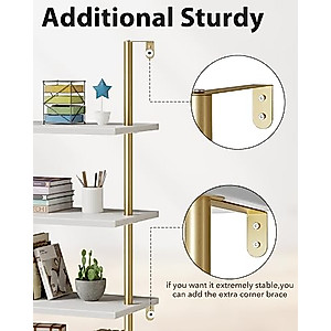 pickpiff Ladder Shelf Bookcase 5 Tier, Extra Sturdy Modern Bookshelf Wall Mounted, Tall Standing Open Shelf White and Gold, Industrial Metal Frame with Wooden Shelf