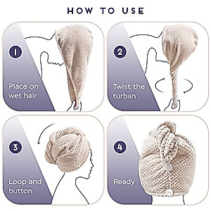 Microfiber Hair Towel for All Hair Style, 2 Pack Quick Drying Hair Turban - Perfect for Women, Men and Kids (Beige + Grey)