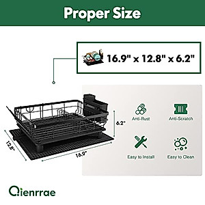 Qienrrae Dish Drying Rack with Drainboard Set, Stainless Steel Dish Drainers for Kitchen Counter, Dish Strainer with Utensil Holder, 360° Swivel Spout and Extra Dryer Mat, Black