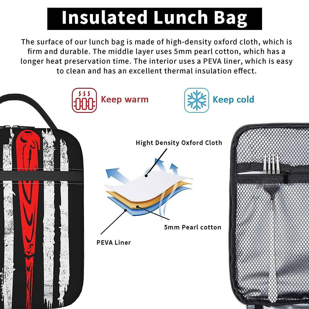 JASMODER Baseball Lunch Bag Insulated Water-Resistant Tote Bag Reusable Lunch Box For Picnic Travel