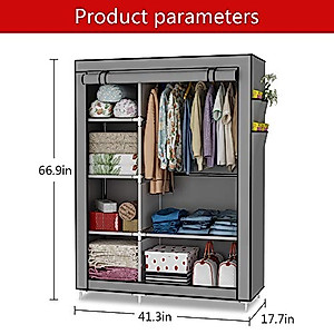 UDEAR Closet Organizer Wardrobe Clothes Storage Shelves, No-Woven Fabric Cover with Side Pockets,Grey