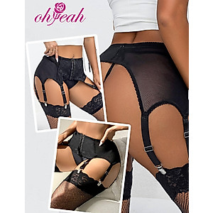 ohyeah High-Waisted Garter Belt Set Black Lace Garter Belts for Thigh Highs with 6 Straps Metal Clips Vintage Garter Belt Lingerie Set for Women XL-XXL