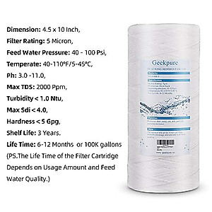 Geekpure 10 Inch String Wound PP Sediment Filter Cartridge for Whole House Water Filtration-4.5" X 10"-5 Micron