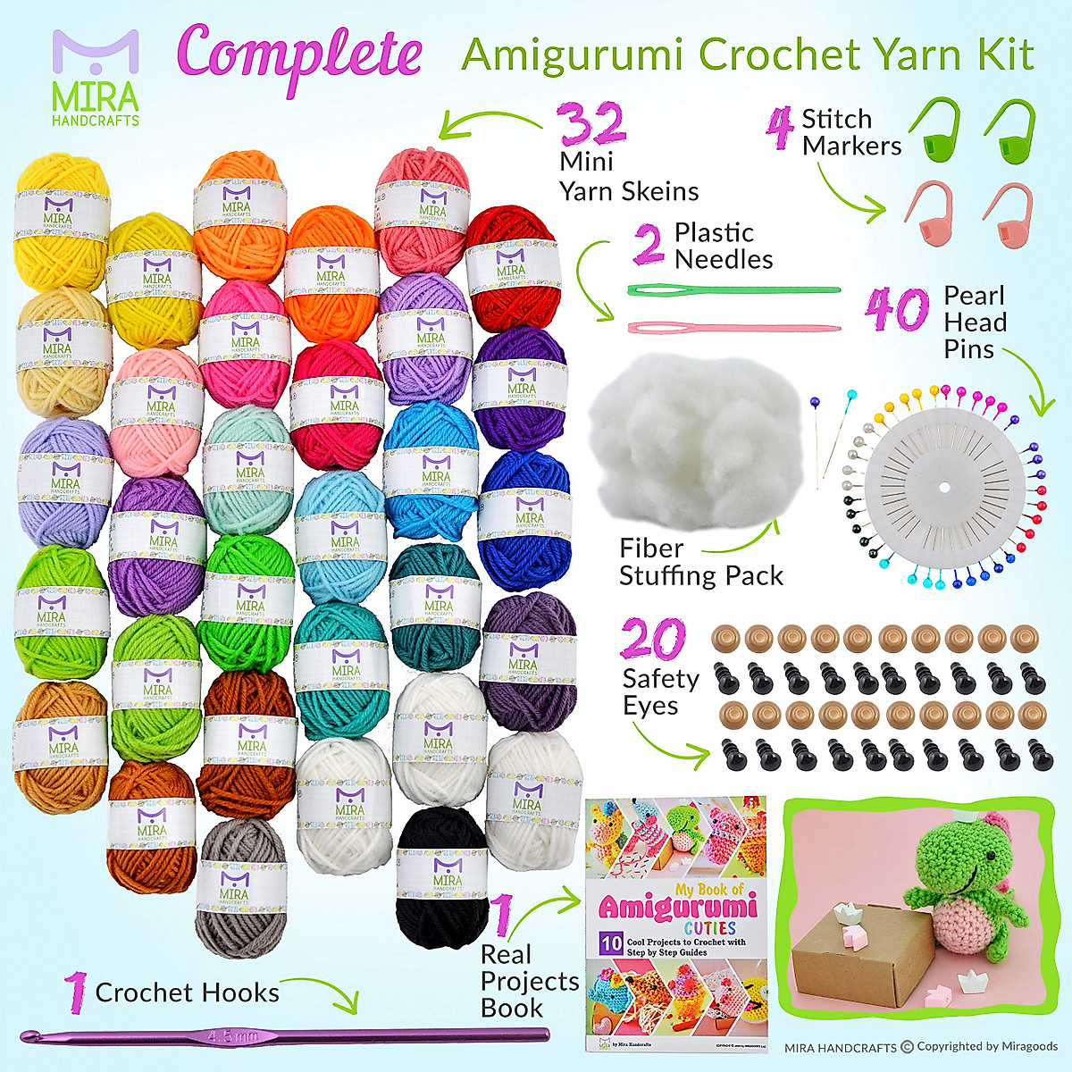 Mira HandCrafts 32 Acrylic Yarns with Real Amigurumi Book | DK Yarn for Crochet Complete Kit | 1 Crochet Hooks, 2 Needles, 4 Stitch Markers, Pearl Head Sewing Pins Set, Fiber Stuffing, Safety Eyes