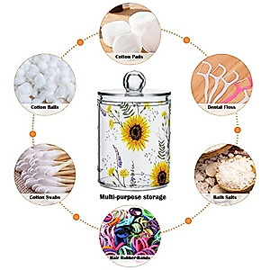 Kigai 2 Pack Apothecary Jars Sunflower Floral White Qtip Holder Organizer Clear Airtight Container for Cotton Swabs Food Storage 14oz Plastic Jars with Lids