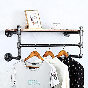 HAOVON Industrial Pipe Clothing Rack Wall Mounted Wood Shelf,Pipe Shelving Floating Shelves,Retail Garment Rack Display Rack Clothes Racks(1 Tier,30in)