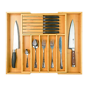 Expandable Bamboo Kitchen Drawer Organizer, Wencrfat Silverware Drawer Organizer with Removable Knife Block and Dividers, Flatware Utensil Cutlery Organizer for Drawer Tray(6-8 Slots)