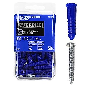 50 Piece Expansion Anchors with Screws Assortment Set, Designed for Drywall and Plaster, Includes 50 Pcs #10-#12 x 1-1/4 in. Ribbed Plastic Anchors & 50 Pcs #10 x 1-1/2 in. Self Tapping Screws