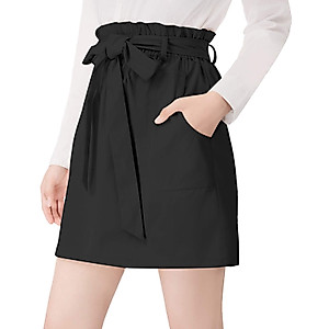 KANCY KOLE Women Tie Waist Skirts Paper Bag Elastic Waist Short Casual Skirt with Pockets Black