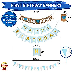 Baby Boy 1st Birthday Decorations With Birthday Crown - First Birthday Boy Decorations - Cake Smash Party Supplies - Happy Birthday and HighChair One Burlap Banner, Number One Balloon, Cake Topper.