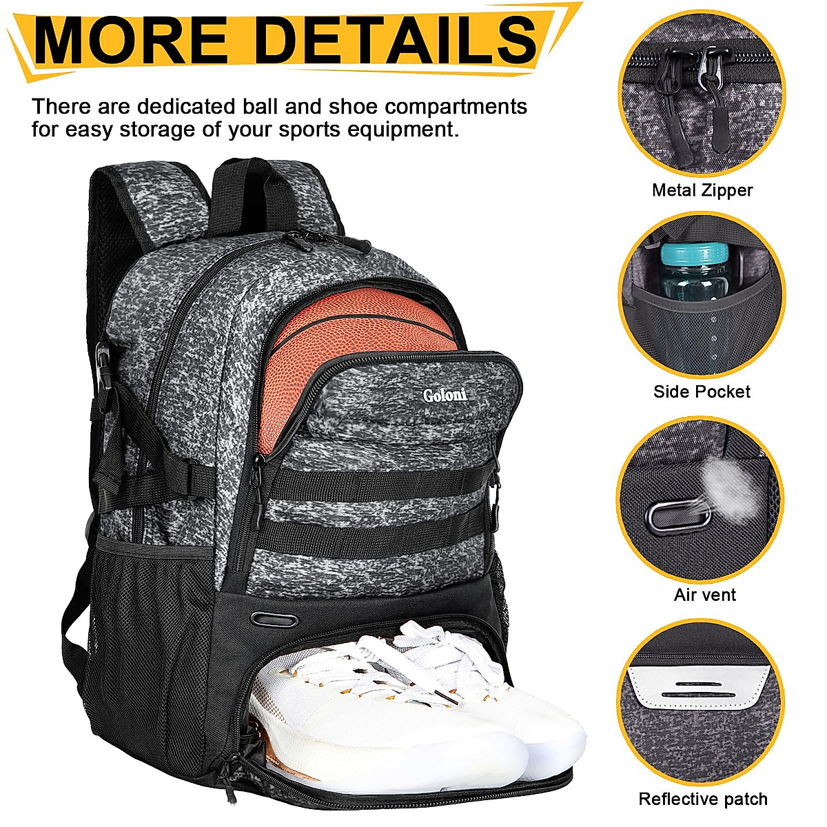Goloni Basketball Backpack,Large Basketball Bag with Ball Compartment & Shoe Compartment,Sports Bag Fit Volleyball, soccer