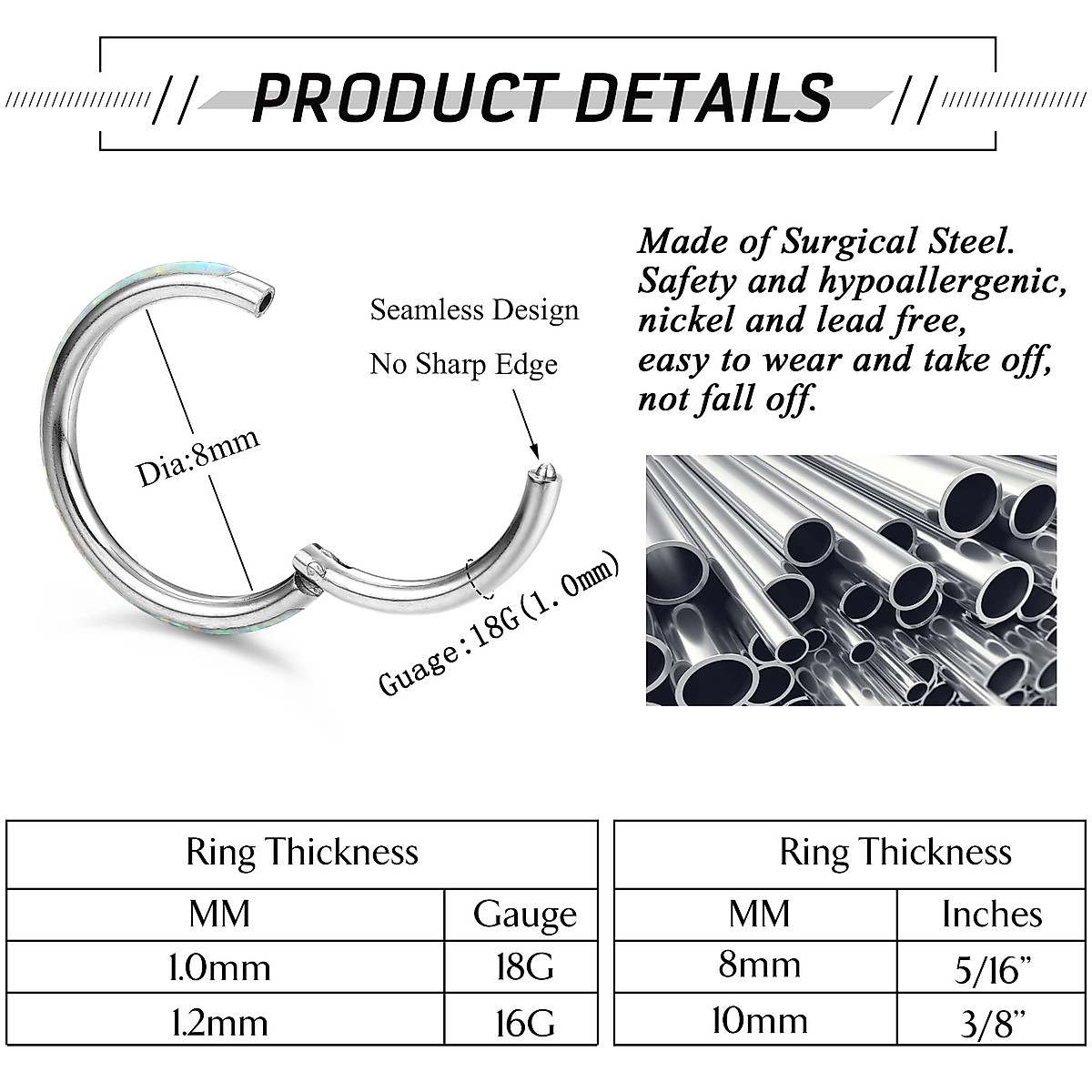 THUNARAZ 18G 16G Nose Rings Hoop for Women Men Surgical Steel Septum Rings CZ Opal Cartilage Hoop Earrings Daith Conch Clicker Nose Rings Septum Body Piercing Jewelry 8mm 10mm