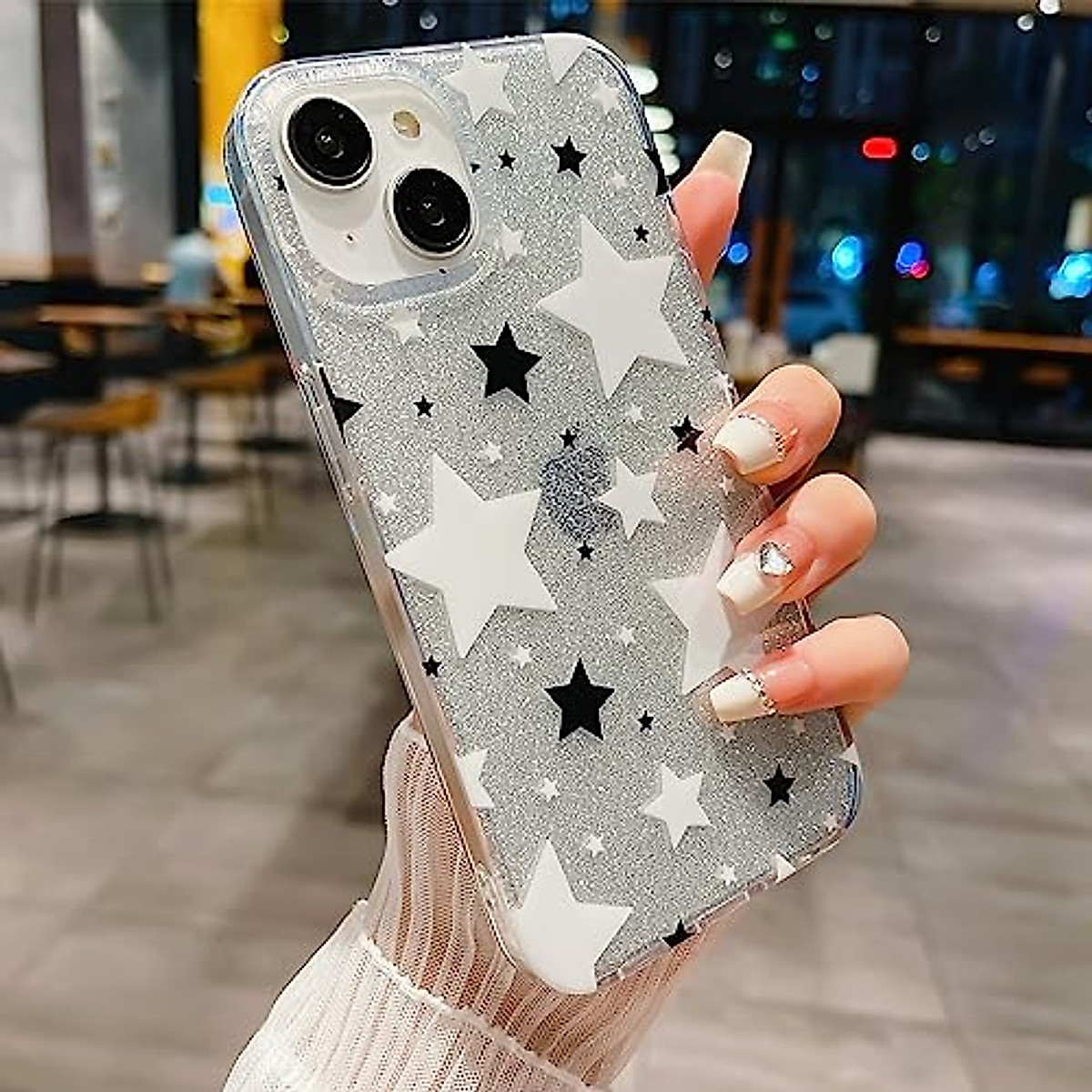 HYUEKOKO Compatible with iPhone 13 Case Bling Glitter White Black Stars Case for Women Girls, Slim Hard Back Clear Phone Case Cover for iPhone 13 6.1''