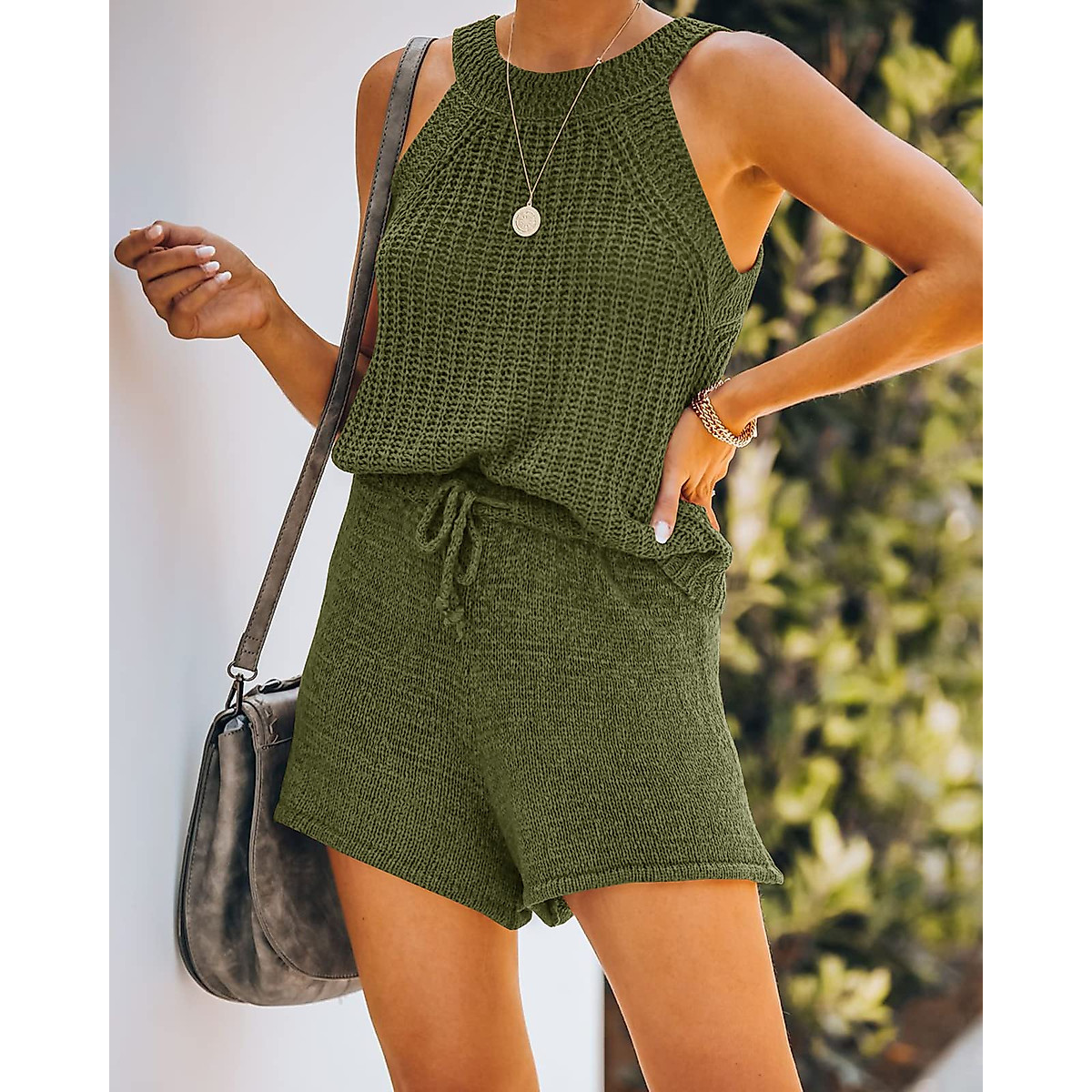 Ybenlow Womens Two Piece Outfits Summer High Neck Sleeveless Knit Sweater Tank Tops with Drawstring Beach Shorts Sets