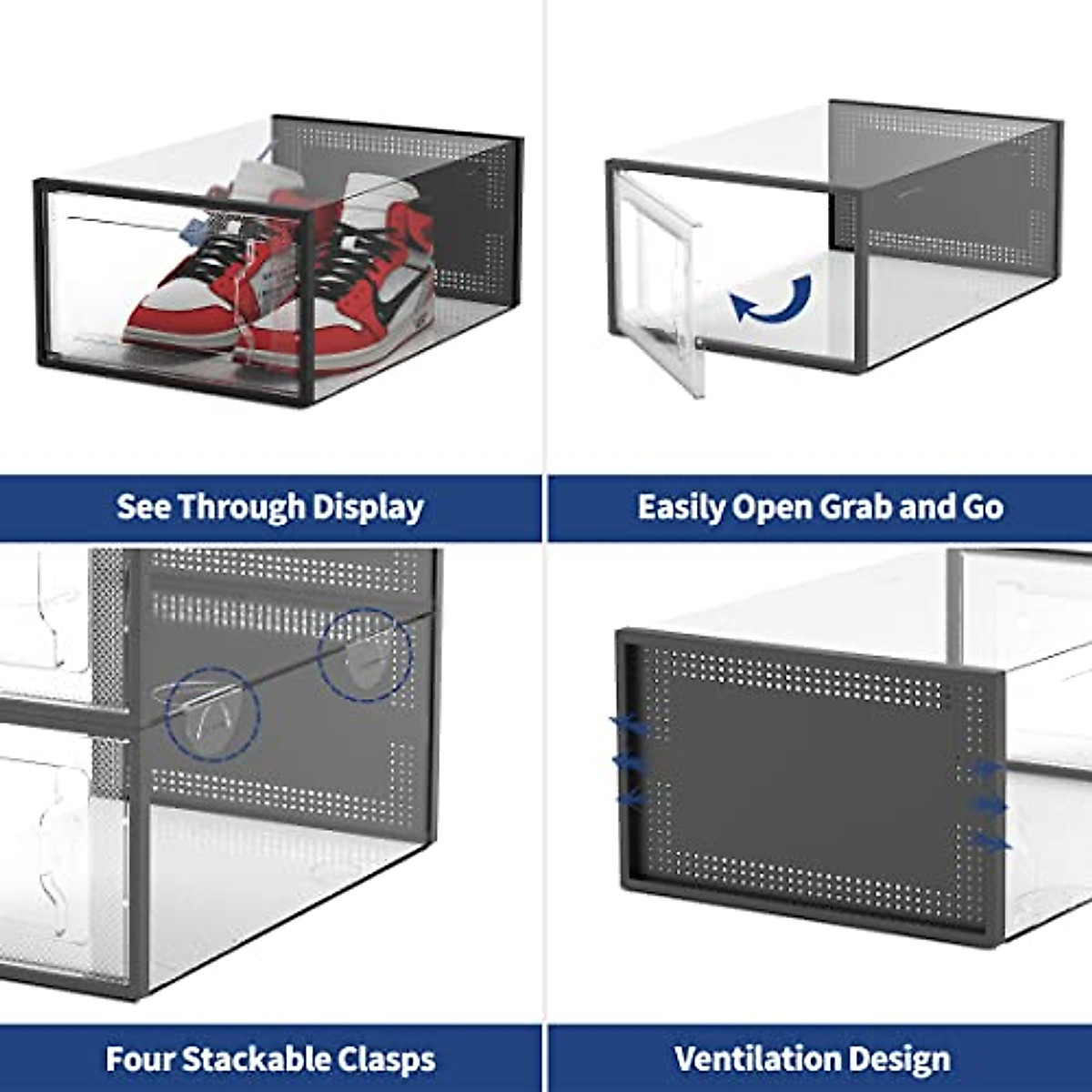 Amassage 12 Pack Boxes for Shoe Storage Clear Plastic Stackable,Organizer for Closet, Space-Saving Containers Bins (Black)