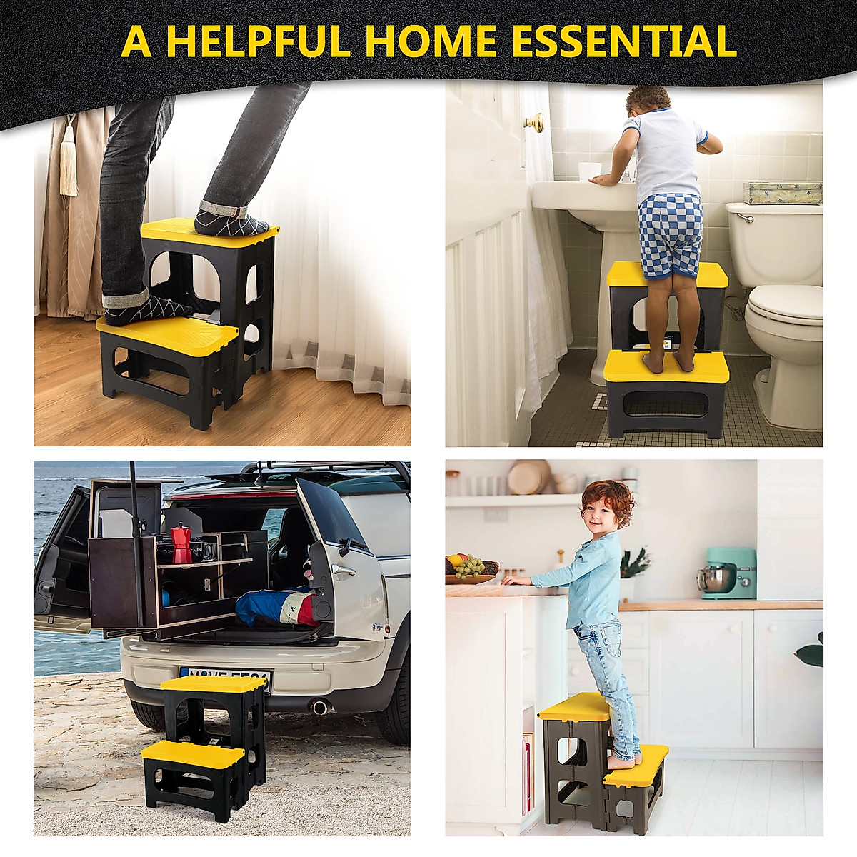 Amoise Folding 2-Step Stool, Non-Slip Portable Footstool 8" & 17" Dual Heights, Holds 250 lbs, Portable Footstool for Kitchen Home Toilet Bedroom Office Bathroom RV(Yellow)