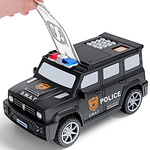 GuDoQi Piggy Bank for Boys Girls, Mini ATM Police Car Bank Coin Bank Money Saving Box with Password, Electronic Money Bank Toy Car with Music, Great Birthday Gifts for Kids Black