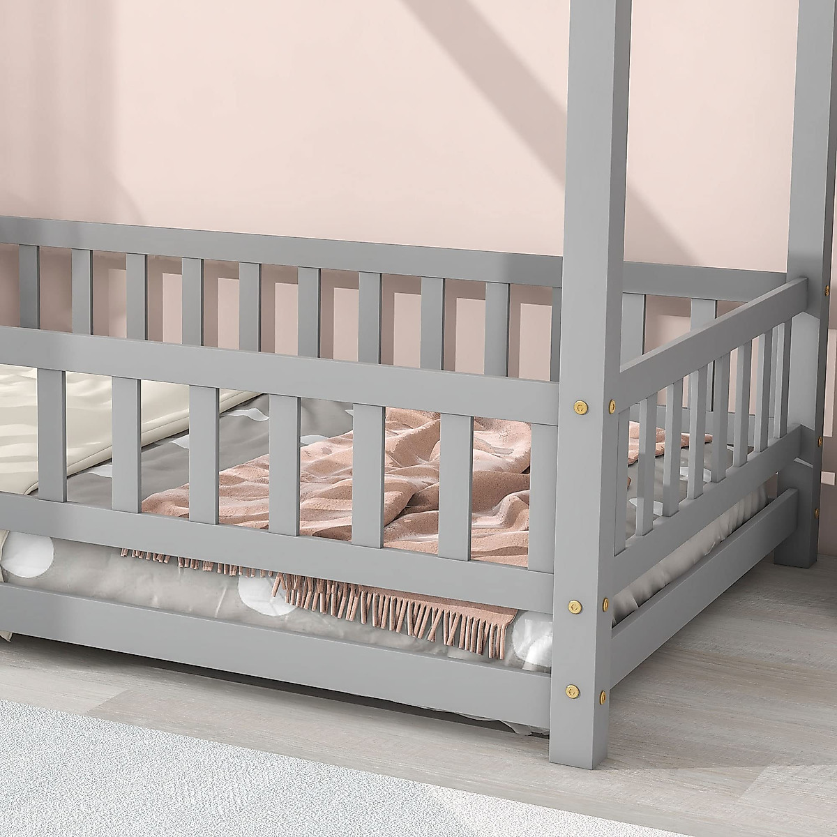 i-POOK Twin Size House Bed Wooden Floor Bed with Roof and Fence Guardrails Montessori Bed Playhouse Bed for Children Girls and Boys, Gray(No Bed Slats)