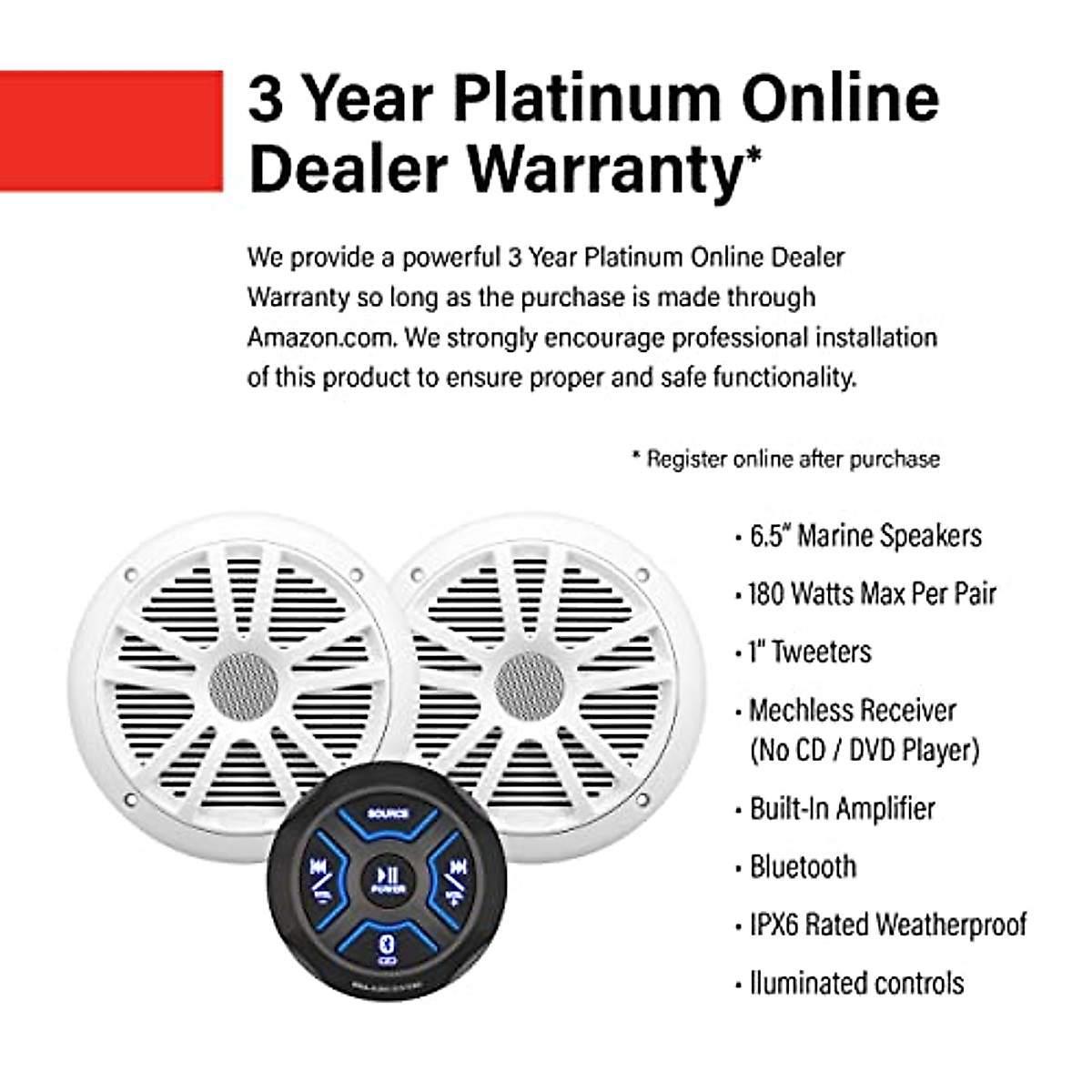 BOSS Audio Systems MG150W.6 Marine Boat Stereo Sound System Speaker Package - Built-in 2 Cannel Amplifier Head Unit, IPX6 Weatherproof, Bluetooth, No CD Player, USB, 6.5 Inch Full Range Speakers