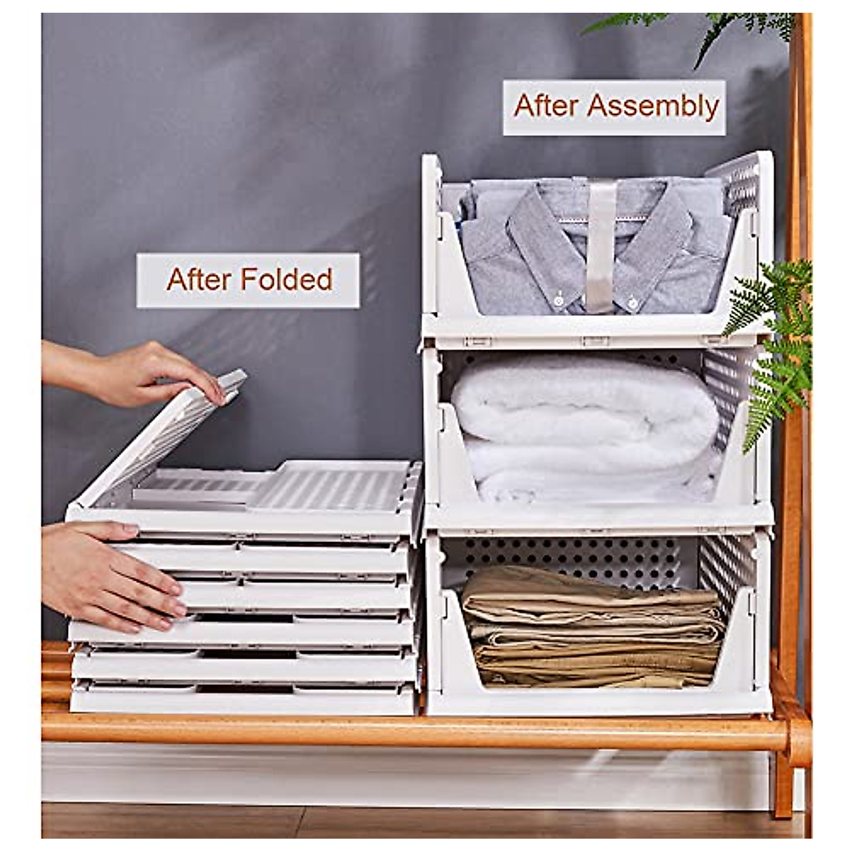 VANCORE Stackable Shelf Baskets Organizer Folding Wardrobe Closet Organizers, Pull Out Drawer Organizer Containers Storage Bin for Home Office Bedroom Laundry Room, Large x 4