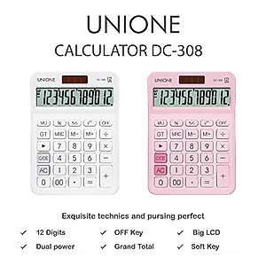 UNIONE Big Size Calculator with a Bright LCD, Dual Power Handheld Desktop. Color. Business, Office, High School 5×7in (WHITE)
