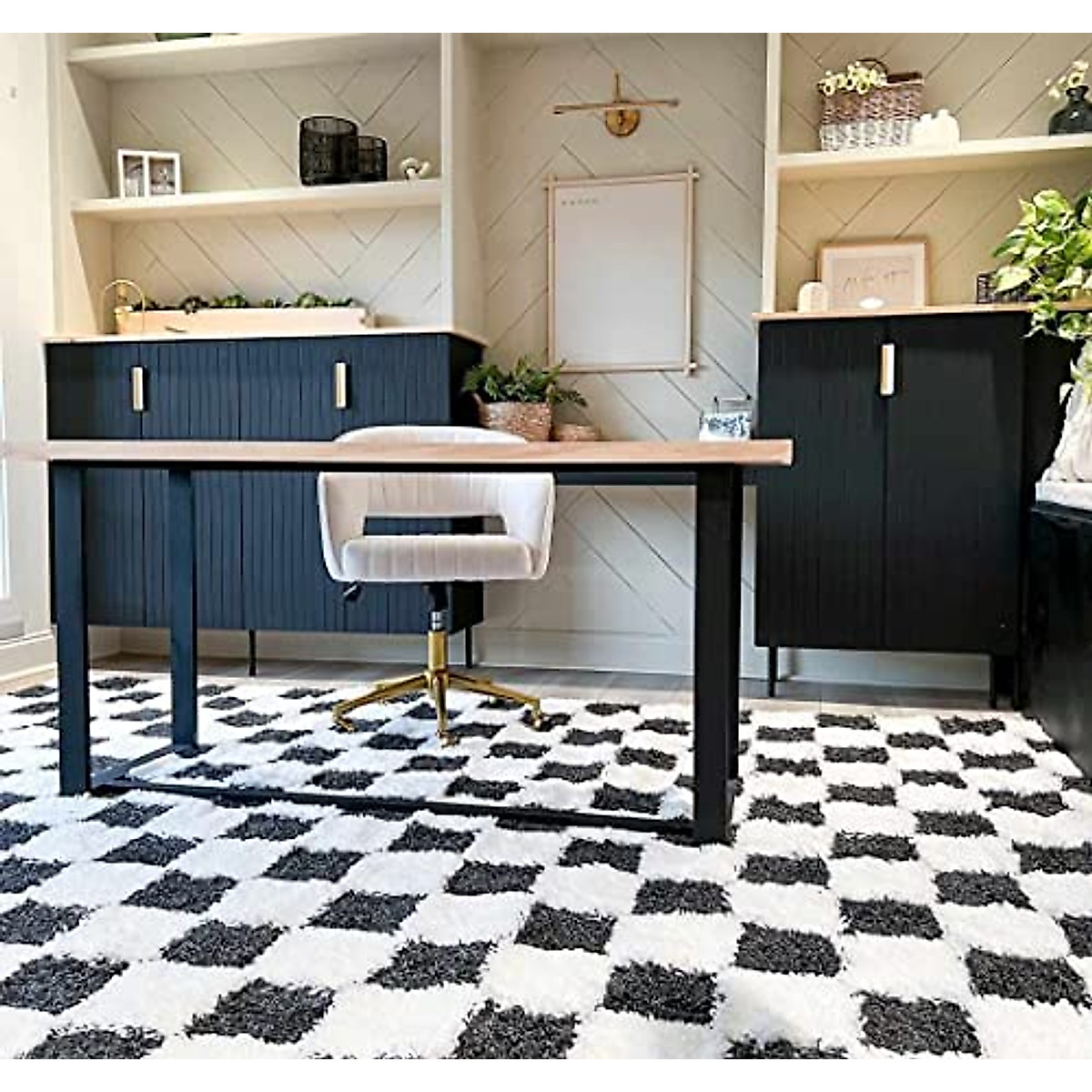 Hauteloom Atira Checkered Shag Area Rug - Checkboard Design - High Pile Fluffy Shaggy Touch - Square Tiles - Kids Room, Nursery, Living Room Shaggy Carpet - Black, White - 5'3" x 7'3"